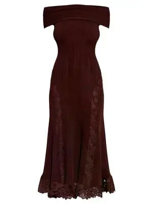 SELF-PORTRAIT Off-shoulder Lace-detail Midi Dress - Red