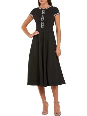Mac Duggal Crepe Midi Dress With Rhinestone Beading And Bow Detail - Black