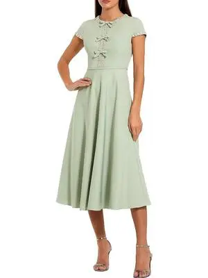 Mac Duggal Crepe Midi Dress With Rhinestone Beading And Bow Detail - Sage