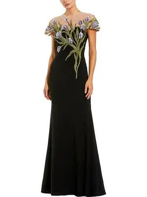 Mac Duggal Jersey Floral Embroidered Illusion Neck Gown - Black Multi