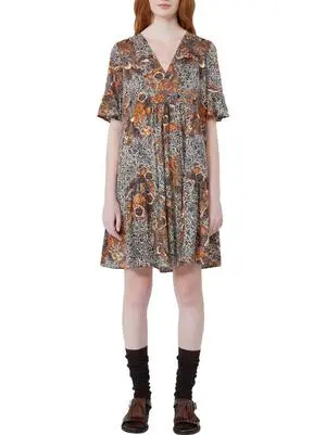 Max Mara Fuoko Paisley Floral Cotton Jersey Babydoll Dress Navy