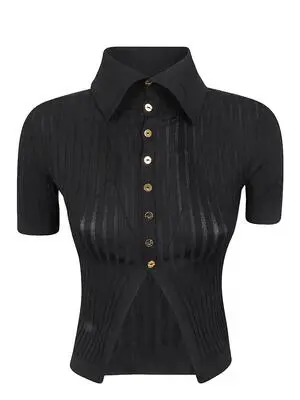 Elisabetta Franchi Sheer Knit Polo Top - Black