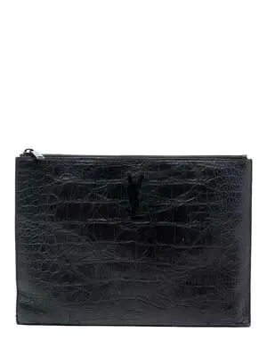Saint Laurent Croc Embossed Leather Monogram Document Holder - Black