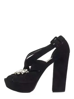 Miu Miu Suede Crystal Embellished Platform Sandals - Black