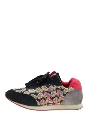 Tory Burch Logo Embroidered Floral Print Leather Sneakers - Black