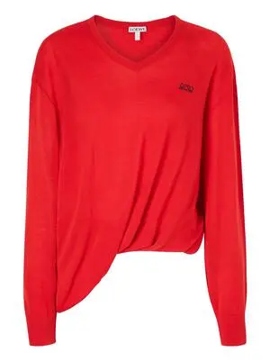 Loewe Asymmetric Draped Embroidered Wool-blend Sweater - Red