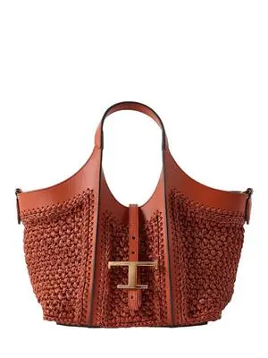 TOD'S T Timeless Leather-Trimmed Raffia Shoulder Bag Red