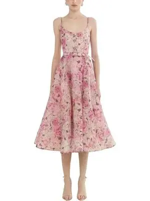 NISSA Floral Print Silk Linen Midi Dress With Belt - Pink