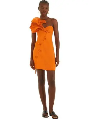 Farm Rio Asymmetrical One-shoulder Mini Dress With Floral Print And Flower Detail - Orange