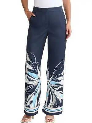 Ming Wang Crepe De Chine Wide-leg Floral Abstract Pants - Indigo/white/serene