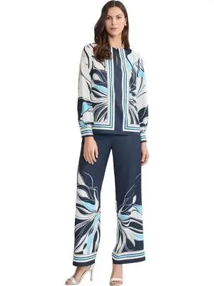 Ming Wang Floral Abstract Crepe De Chine Blouse - Indigo/white/serene