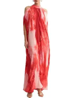Mango Printed Cold Shoulder Maxi Dress - Red