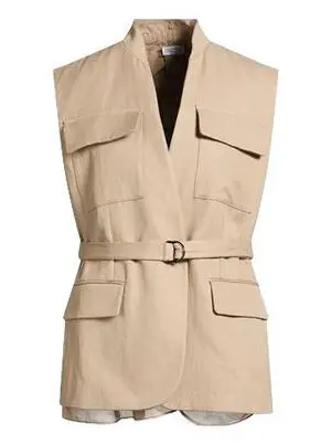 Brunello Cucinelli Belted Cotton And Linen Vest - Beige