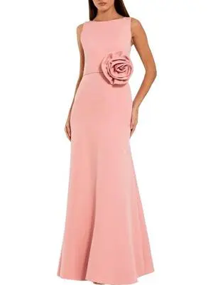 MAC DUGGAL High Neck Sleeveless Crepe A-Line Gown With Floral Detail