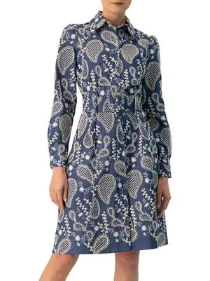 IVONNE Long Sleeve A-line Dress With Floral Embroidery - Blue