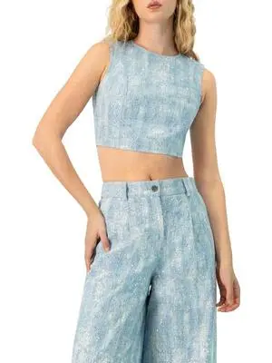 IVONNE Sleeveless Embroidered Denim Crop Top - Blue