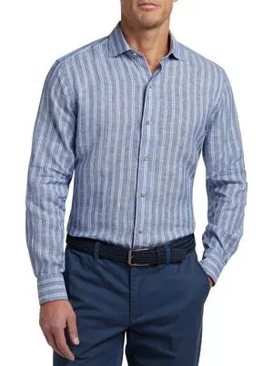 David Donahue Stripe Slub Linen Button-up Shirt - Navy/sky