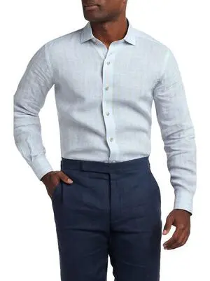 David Donahue Stripe Slub Linen Button-up Shirt - Sky/dune
