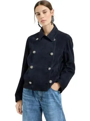 Brunello Cucinelli Couture Suede Cropped Pea Coat - Blue