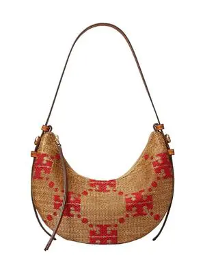 Tory Burch Romy T Monogram Straw Half-moon Shoulder Bag - Natural