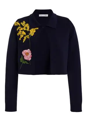 Oscar De La Renta Cropped Embroidered Wool Jacket - Navy
