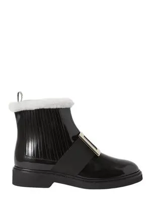 ROGER VIVIER Viv Rangers Shearling-lined Patent-leather Chelsea Boots - Black
