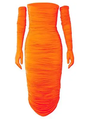 Alex Perry Clarion Strapless Ruched Dress And Gloves Set Orange