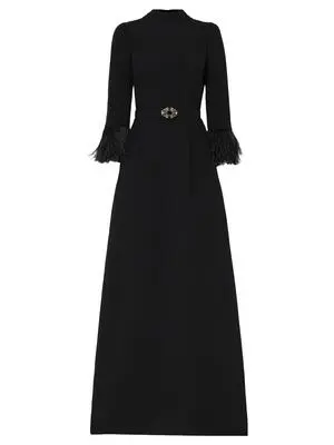 Andrew Gn Belted Crystal And Feather-embellished Gown - Black