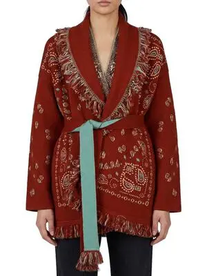 Alanui Paisley Patterned Belted Cardigan With Fringe - Red