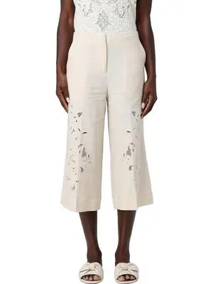 TWINSET Linen Cropped Trousers With Lace Inserts - Pearl