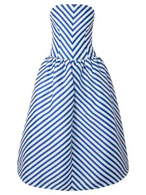 SELF-PORTRAIT Strapless Striped Taffeta Midi Dress - Blue