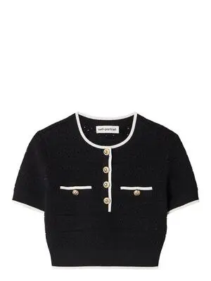 SELF-PORTRAIT Cropped Metallic Pointelle-knit Top - Black