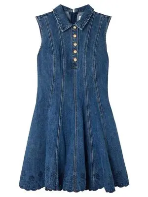 SELF-PORTRAIT Paneled Broderie Anglaise Denim Mini Dress