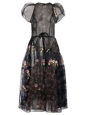 Simone Rocha Patch Flounce Sheer Organza Midi Dress Black Patchwork Black