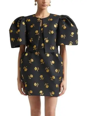 Carolina Herrera Carnation Jacquard Bell Sleeve Crop Jacket - Black Multi