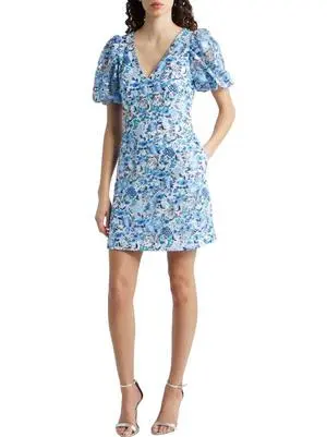 Eliza J Embroidered Puff Sleeve Cocktail Dress Blue