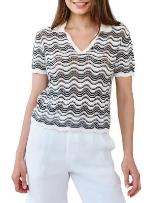 Bella Dahl Short Sleeve Cotton & Silk Blend Pointelle Polo Sweater - Moonlit Waves