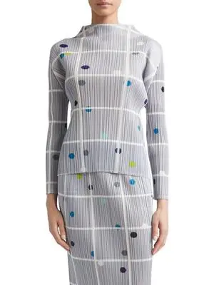 Issey Miyake Crossing Dots Pleated Funnel Neck Top Light Gray