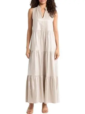 Vince Camuto Ruffle Sleeveless Tiered Linen Blend Maxi Dress - Neutral