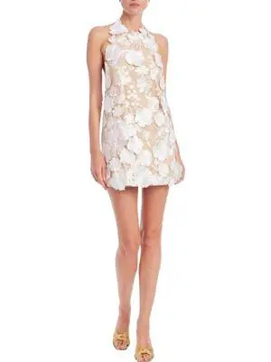Badgley Mischka Floral Appliqué Halterneck Mini Dress - Ivory