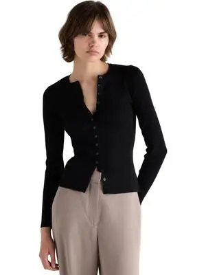 Quince Cotton Cashmere Ribbed Cardigan Sweater - Black