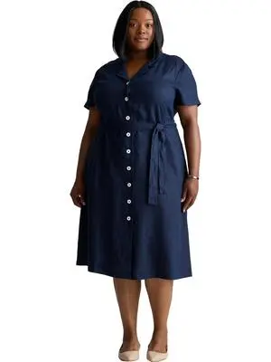 Quince 100% European Linen Button-Front Midi Shirt Dress Deep Navy