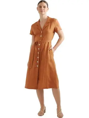 Quince 100% European Linen Button-Front Midi Shirt Dress Terracotta