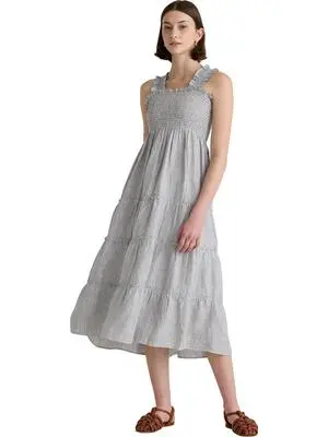 Quince 100% European Linen Smocked Midi Dress - Blue Pinstripe