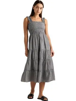 Quince 100% European Linen Smocked Midi Dress - Classic Mini Gingham