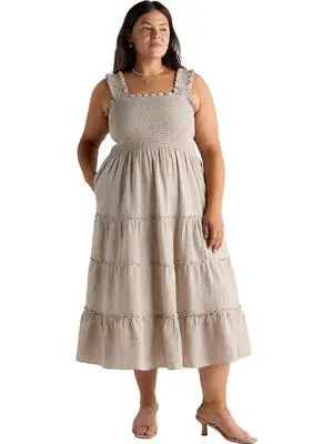 Quince 100% European Linen Smocked Midi Dress - Flax