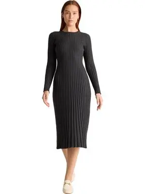 Quince Cotton Cashmere Ribbed Long Sleeve Crew Midi Dress - Heather Charcoal