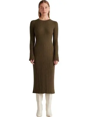 QUINCE Cotton Cashmere Ribbed Long Sleeve Crew Midi Dress