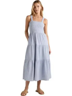 Quince Organic Cotton Gauze Smocked Sleeveless Maxi Dress - Blue Gingham