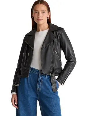 Quince Leather Motorcycle Jacket With Belted Hem Black